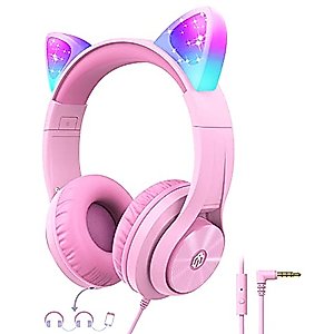 iClever Kids Headphones with Cat Ear Led Light Up, Safe Volume Limite Kids Wired Headphones with Microphone, FunShare Foldable Over-Ear Headphones for Kids/School/iPad/Tablet/Travel, Meow Donut-Pink