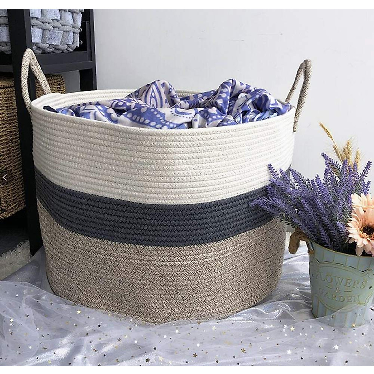 Extra Large Cotton Rope Basket Woven Basket Storage Baby Laundry Hamper with Handles for Nursery Laundry, Clothes, Toys, Blanket, Magazines, Towels, Home Organize Container 21.7" x 21.7" x 13.8"