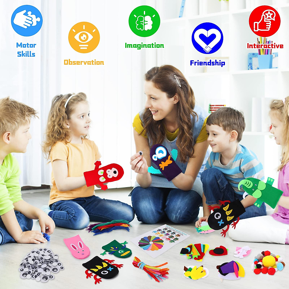 12 Pieces DIY Hand Puppets Making Kit Felt Sock Creative Art Craft Making Your Own Puppets Colorful Pompoms Wiggle Googly Eyes Storytelling Role Play Party Supplies