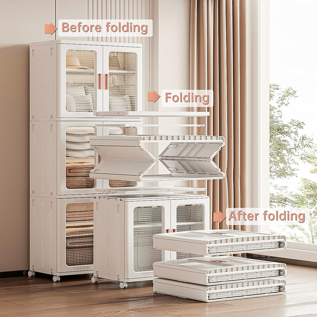 CXCJAI Storage Bins with Lids and Doors Storage Cabinet with Wheels Plastic Stackable Pantry Cabinet Cupboard Closet Foldable Kitchen Collapsible Storage Bins for Book Snack and Bathroom Organizer