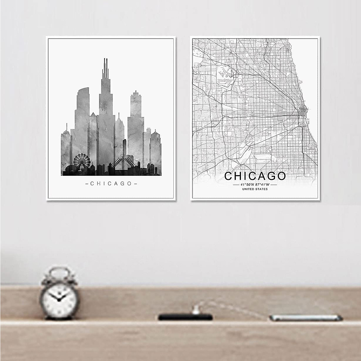 Chicago Skyline, Chicago Wall Art, Chicago Street Map, Watercolor Skyline Print, Building Wall Decor, Office Wall Art, Map Print, Set of 2 Prints, 11X14 Inch Unframed