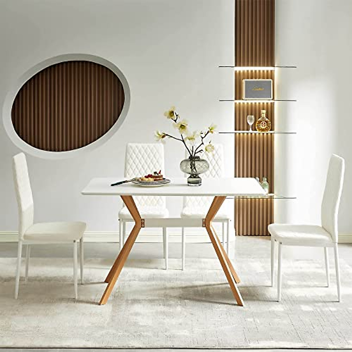 White Dining Table, Simple Modern Kitchen Table with Metal Shelf&Transfer Legs, Office Table, White