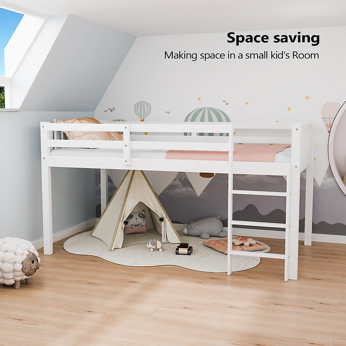 JOYMOR Twin Loft Bed Low Loft Bed Frame for Little Kids Small Room/Low Ceiling Bedrrom with Guardrail and Ladder, White