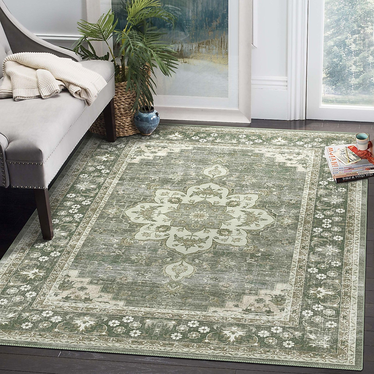 Poeti Washable Rug, Ultra Thin 4x6 Rug - Non Slip Carpet - Small Area Rugs for Living Room Entryway Rug - Vintage Floral Rug, Green Rug