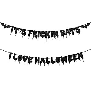 Black Glitter It's Frickin Bats I Love Halloween Banner - Hanging Paper Garland Bunting Banner Bloody Bat-Themed Decorations, Photo Backdrop for Wall Home Mantle Office Wall Spooky Party Supplies