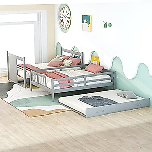 Harper & Bright Designs Bunk Beds Full Over Full Size, Wood Full Bunk Bed with Trundle Bed, Bunk Beds with Stairway for Kids Teens Adults, No Spring Box Needed (Grey, Can be Convertible to 2 Beds)
