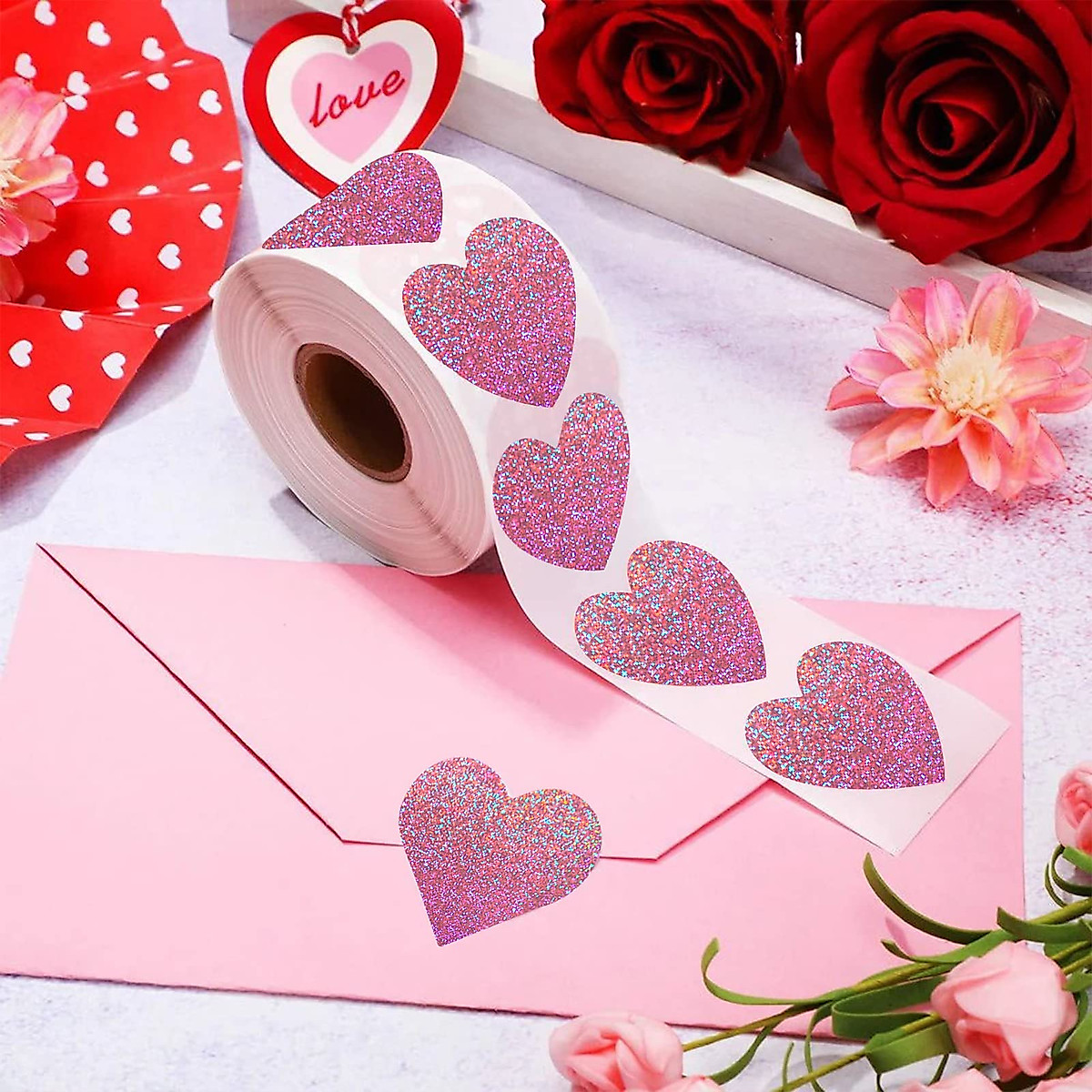 Glitter Pink Heart Stickers 1inch Valentine's Day Love Decorative Labels Roll Gift Set 1000PCS Sparkly Adhesive Decorations Accessories for Envelopes Crafts Wedding Anniversaries (1 Inch 1000pcs)