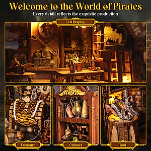 Wimlade Book Nook Kits for Adults, 3D Pirate Ship Puzzle DIY Miniature House Kit for Bookshelf Insert Decor, Wooden Puzzles for Adults with LED Lights, Halloween/Christmas Gifts for Adults and Teens