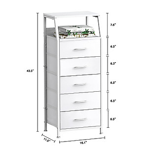 Dresser with 4 Drawers, Fabric Storage Tower for Bedroom, White Clothes Storage Drawers, Vertical Closet Organizer for Kids Room, Entryway, Nightstand Bedside Table, Sturdy Steel Frame & Wooden Top