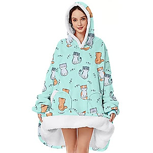 Durio Wearable Blanket Hoodie Cute Patterns Blanket Sweatshirt for Women Men Sherpa Fleece Hooded Blanket Hooded Sweatshirt Cat One Size