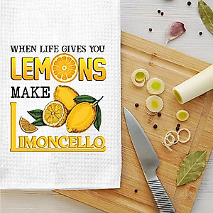 LEVLO Funny Lemon Kitchen Towel Lemon Lover Gift When Life Gives You Lemons Tea Towels Housewarming Gift Waffle Weave Kitchen Decor Dish Towels with Sayings (Gives You Lemons)