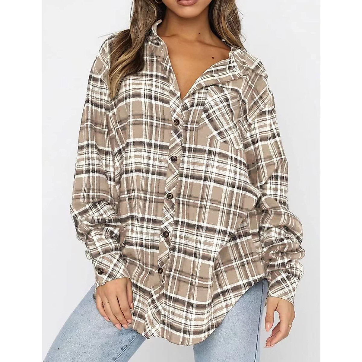 Zontroldy Womens Flannel Plaid Shirts Oversized Long Sleeve Button Down Buffalo Plaid Shirt Blouse Tops (0888-Apricot-M)