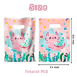 3sscha 50Pcs Axolotl Party Favor Bag Amphibian Themed Waterproof Goodie Bag with Die Cut Handles Reptile Animals Water Plants Plastic Candy Gift Bags for Baby Girl Birthday Baby Shower Decors Supplies