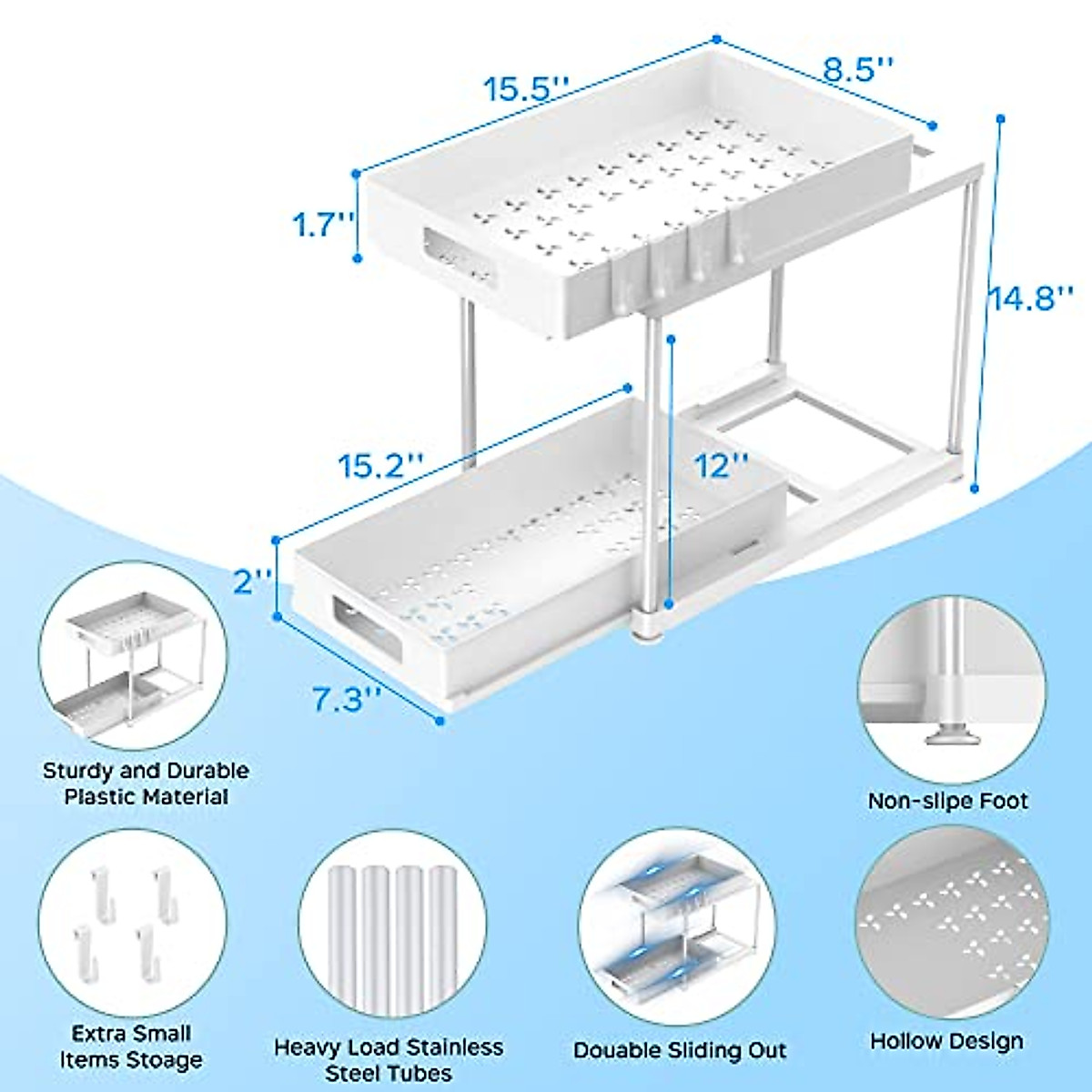 Under Sink Organizers and Storage, 2 Pack Pull-out Large Capacity Under Bathroom and Kitchen Cabinet Storage Drawer Organizer with Hooks, Multi-purpose Heavy Load Under Sink Shelf Organizer, White