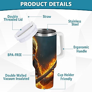 Jihqo Fire Skull Playing Guitar 40 oz Stainless Steel Vacuum Insulated Tumbler with Handle and Straw Lid, Leakproof Water Bottle Double Wall Travel Mug Coffee Cup, Cupholder Friendly