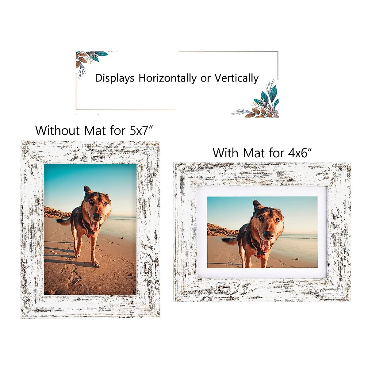 Califortree Rustic White 5x7 Picture Frame - Display Photos 4x6 with Mat or 5x7 Without Mat - Real Glass Frames for Wall and Tabletop - Set of 2