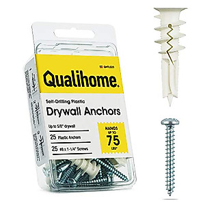 #8 Self Drilling Drywall Plastic Anchors with Screws - No Pre Drill Hole Preparation Required - 75 Lbs