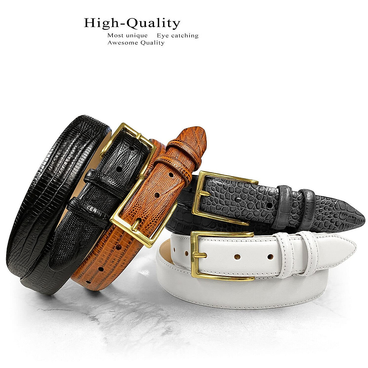 Adam Gold Men's Genuine Italian Calfskin Leather Dress Belt 1-1/8"(30mm) Wide Polished Buckle (Smooth Black, 36)