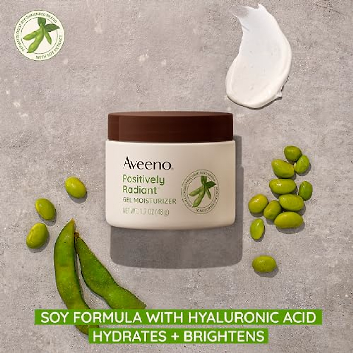 Aveeno Positively Radiant Daily Gel Facial Moisturizer with Hyaluronic Acid & Tone-Correcting Soy, Hydrating & Brightening Gel Face Cream Evens Skin Tone & Texture, Hypoallergenic, 1.7 oz