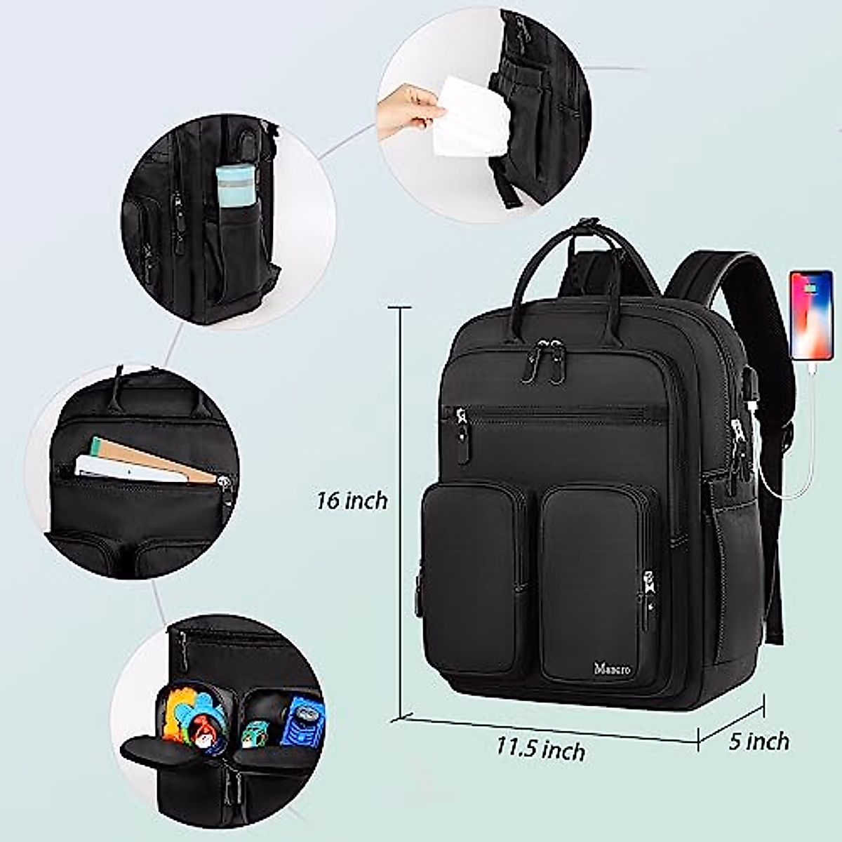 Mancro Diaper Bag Backpack for Men, Dad Diaper Bag for baby with multi-compartment, Waterproof Baby Travel Bag for working dads with Insulated Pockets, USB Charging Port, Stroller Straps, Black