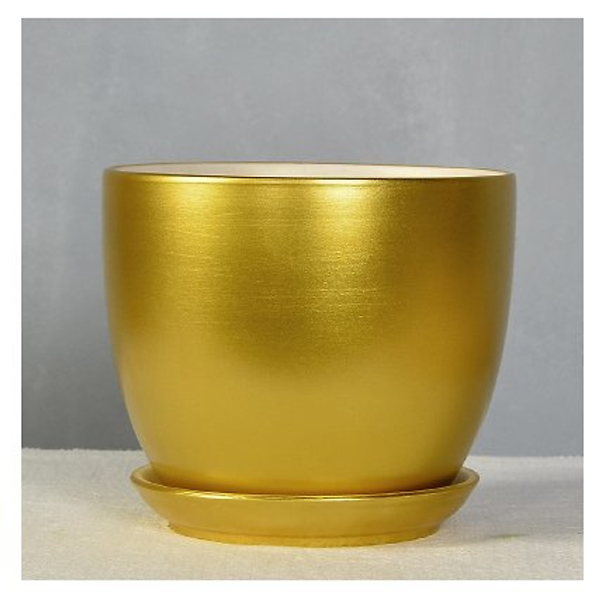 Ceramic Home/ Garden Modern Flower Planter Pot with Saucer/ Tray - Classic Round Shape Golden Color Small