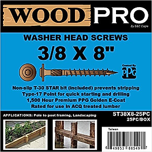WoodPro Fasteners ST38X8-25PC 3/8-Inch by 8-Inch Length Round Washer Head Exterior Wood Screws, 25-Pack , Gold