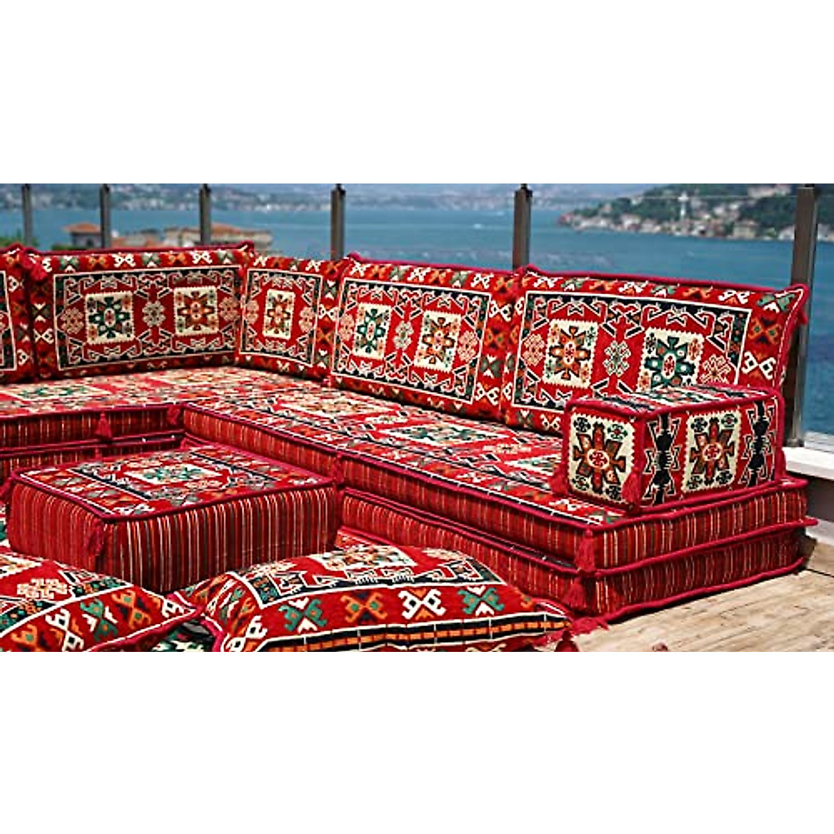 Corner Floor Seating, L Shaped Sofa Set,Turkish Sofa Set, Floor Couch, Oriental Floor Seating, Seating Sofa, Ethnic Sofa,Bohemian Furniture (L Sofa + Rug + Poufs)