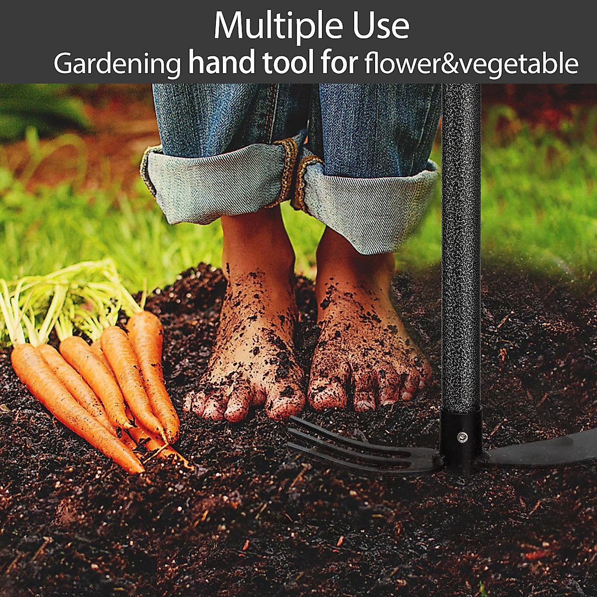 Hoe and Cultivator Gardening Hand Tools, Heavy Duty Stainless Steel Garden Hoe and 3 Fork Hand Tiller for Gardening Weeding Planting with Adjustable Handle 30 inch