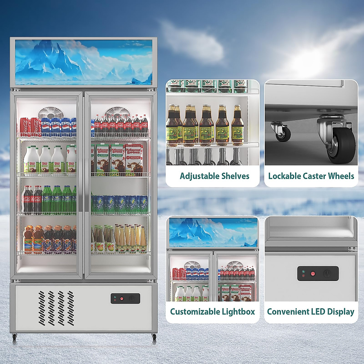 18 Cu. Ft. Commercial Refrigerators Glass Door, Commercial Beverage Fridge, Commercial Merchandiser Refrigerator for Beer, Bar, Drink, Display Upright Beverage Refrigerator Cooler, Silver ﻿