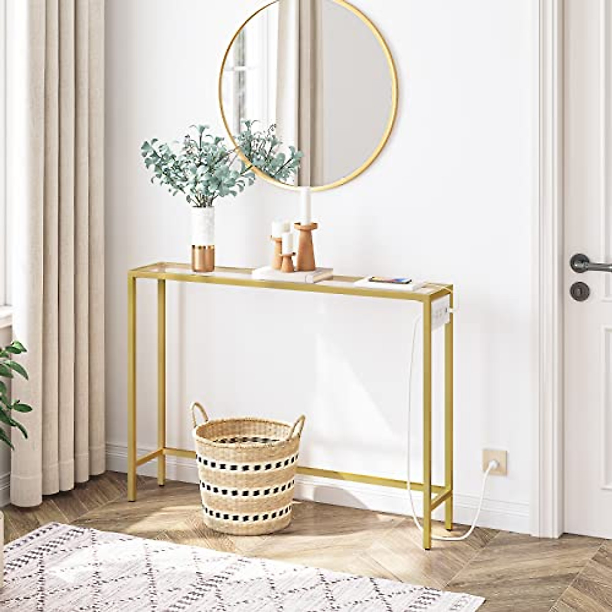 HOOBRO Gold Console Table, Tempered Glass Sofa Table, 39.4" Modern Entryway Table with USB Ports, for Entryway, Living Room, Foyer, Hallway GD01UXG01
