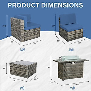 UIXE Outdoor Patio Furniture Sets with Propane Fire Pit Table, 8 Pieces Wicker Patio Sectional Sofa Lounge Couch Seating PE Rattan Conversation Set Includes 45" Gas Fire Table, Navy Blue