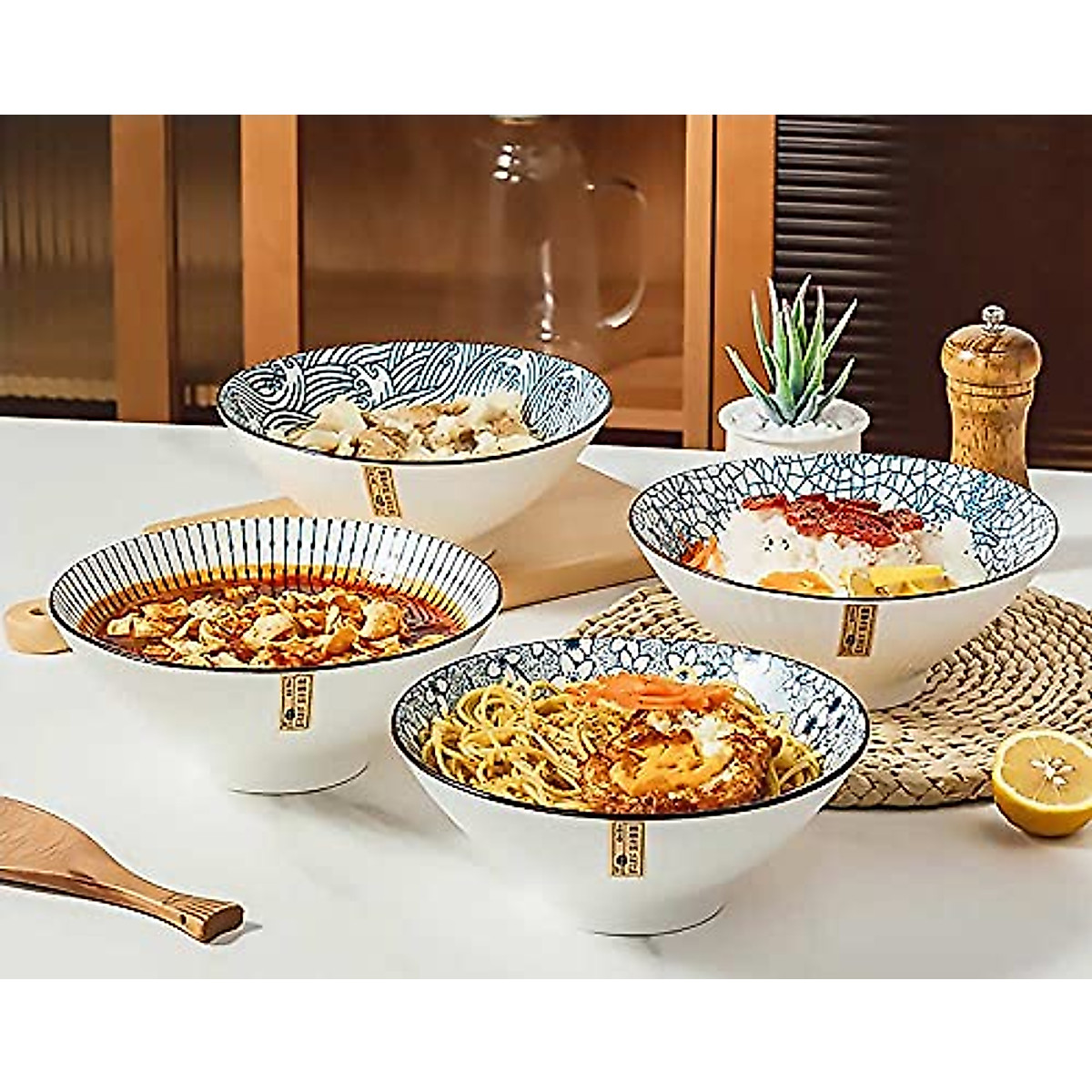 QINLANG 38 oz Japanese Ramen Bowls, Cereal Bowls, Soup Bowls, Pho Bowls, Noodle Bowls, Blue and White Ceramic Bowls Set of 4, 8 inches