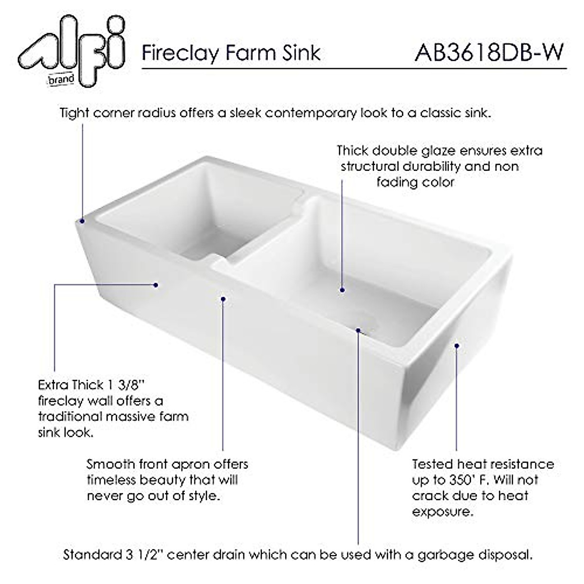 ALFI brand AB3618DB-W Smooth Thick Wall Fireclay Double Bowl Farm Sink, 36", White