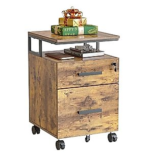 FEZIBO 2-Drawer File Cabinet with Lock for Home Office, Rolling Filing Cabinet, Under Desk Home Office File Cabinet for A4, Letter Size, Printer Stand, Wooden Storage Mobile File Cabinet, Rustic Brown