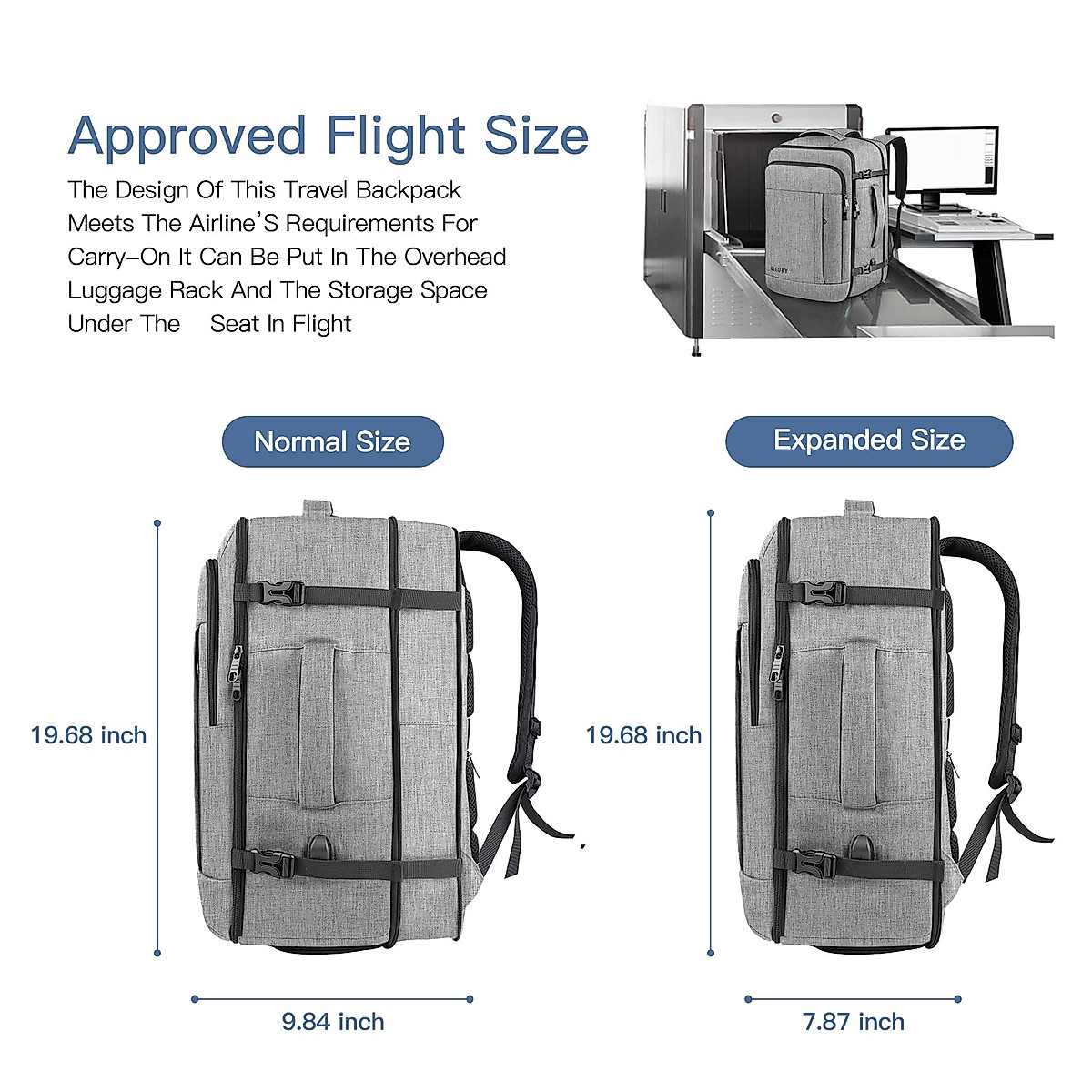 Gieury Carry On Backpack, Extra Large 40-50L Travel Backpack Men & Women, Expandable Backpack Airplanes, 17 Inch Laptop Backpack, Luggage Backpack 40L Daypack Lightweight Business Weekender Bag, Grey