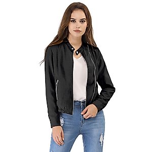 Allegra K Women's Lightweight Classic Casual Stand Collar Pocket Short Biker Moto Jacket Small Black