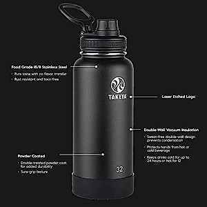 Takeya Actives Insulated Stainless Water Bottle with Insulated Spout Lid, 32oz, Onyx and Takeya Actives Straw Lid for Insulated Water Bottle, Wide Mouth, Black