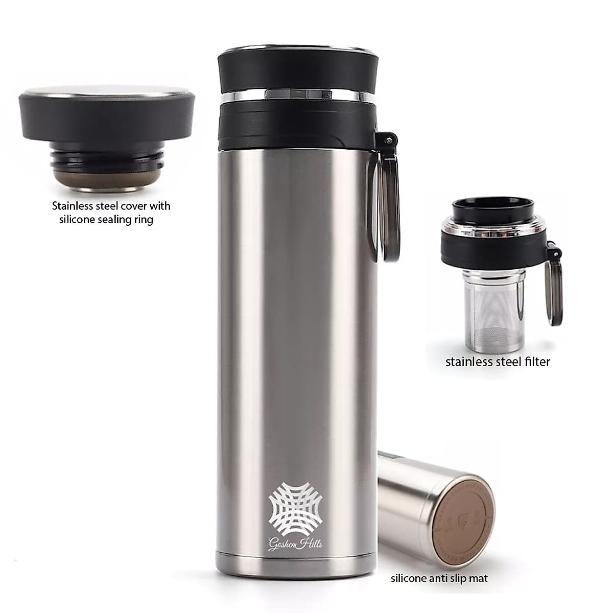 Stainless Steel Insulated Double Wall Leak Proof Tumbler Vacuum Flask with Flavor Infuser BPA Free 17.5 oz (Silver)