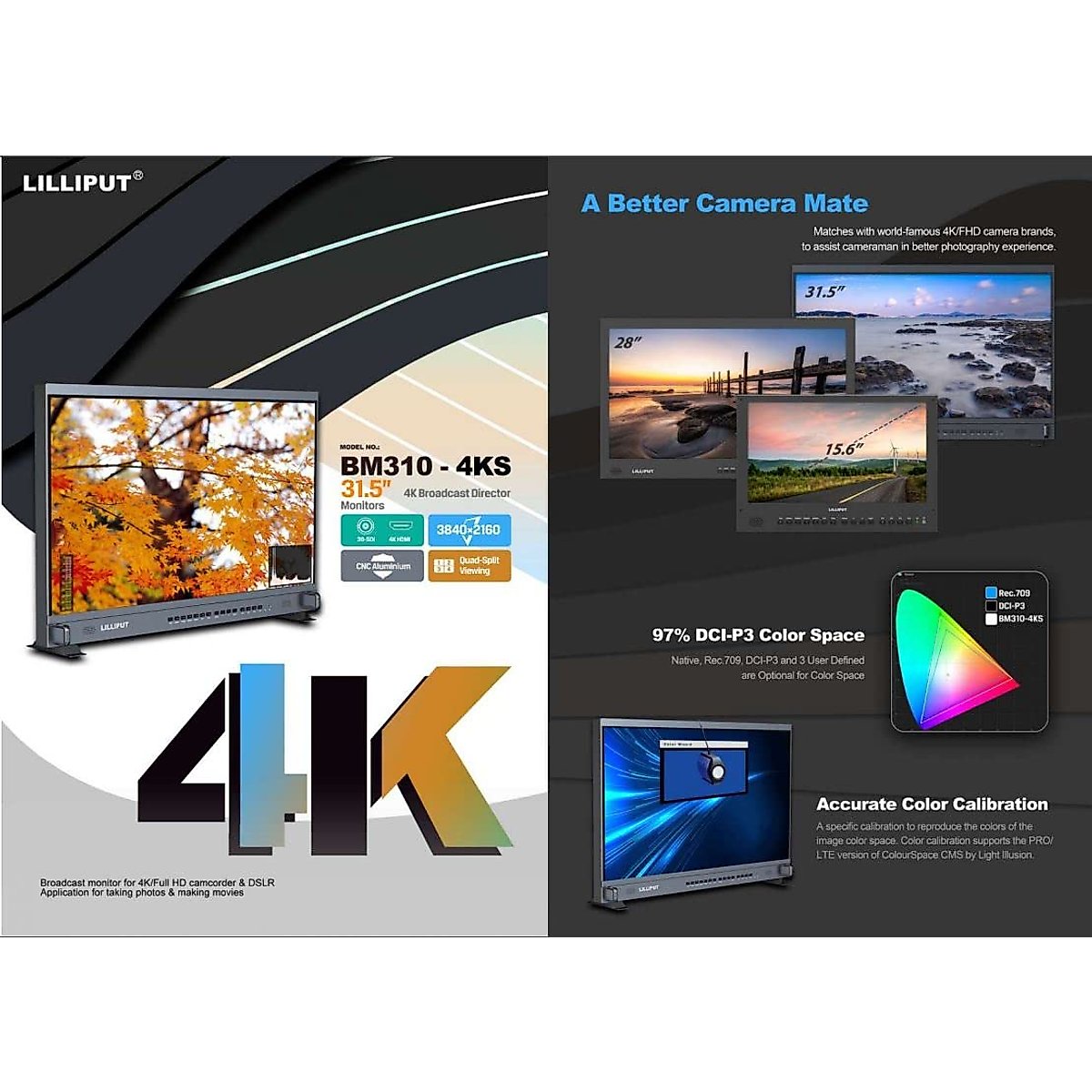 LILLIPUT 31.5" BM310-4KS-VBP Broadcast Monitor 4K/Full HD for Taking Photos & Making Movies with Multiple Signal inputs 3G SDI, HDMI, DVI and VGA –Quad View Split, 3D LUT, HDR with V Mount Plate
