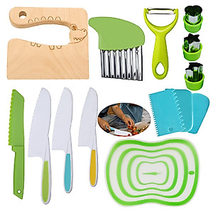 14 PCS Wooden Kids Kitchen Safe Knife Set with Wood Kids Knife, Plastic Potato Slicers, Serrated Edges Plastic Toddler Knife, Cake Scraper, Crinkle Cutter, Cutting Board, Kids Safe Knife for Children