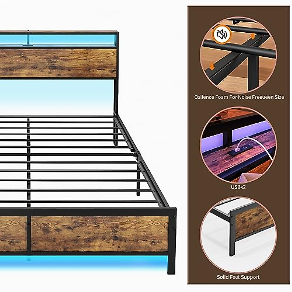 Modern Industrial Bed Frame with LED Lights,2-Tier Storage Headboard with Charging Station,Industrial Metal Platform LED Bed Frame with Outlets and USB Ports,Noise Free,No Box Spring Needed