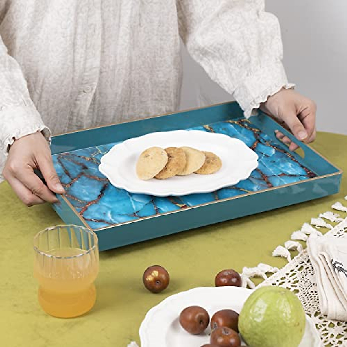 MAONAME Blue Decorative Tray, Plastic Serving Tray with Handles, Coffee Table Tray with Tempered Glass Film, Rectangle Ottoman Tray for Living Room, Bathroom, 15.7” x 10.2”