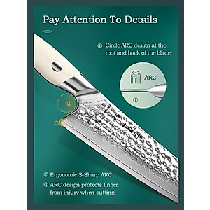 HEZHEN 7.3” Santoku Knife, High Carbon Damascus Steel Chef Knife, Hammered Japanese Style Kitchen Knives,Meat Vegetable Cutting Cleaver Knife, Ivory White G10 Handle