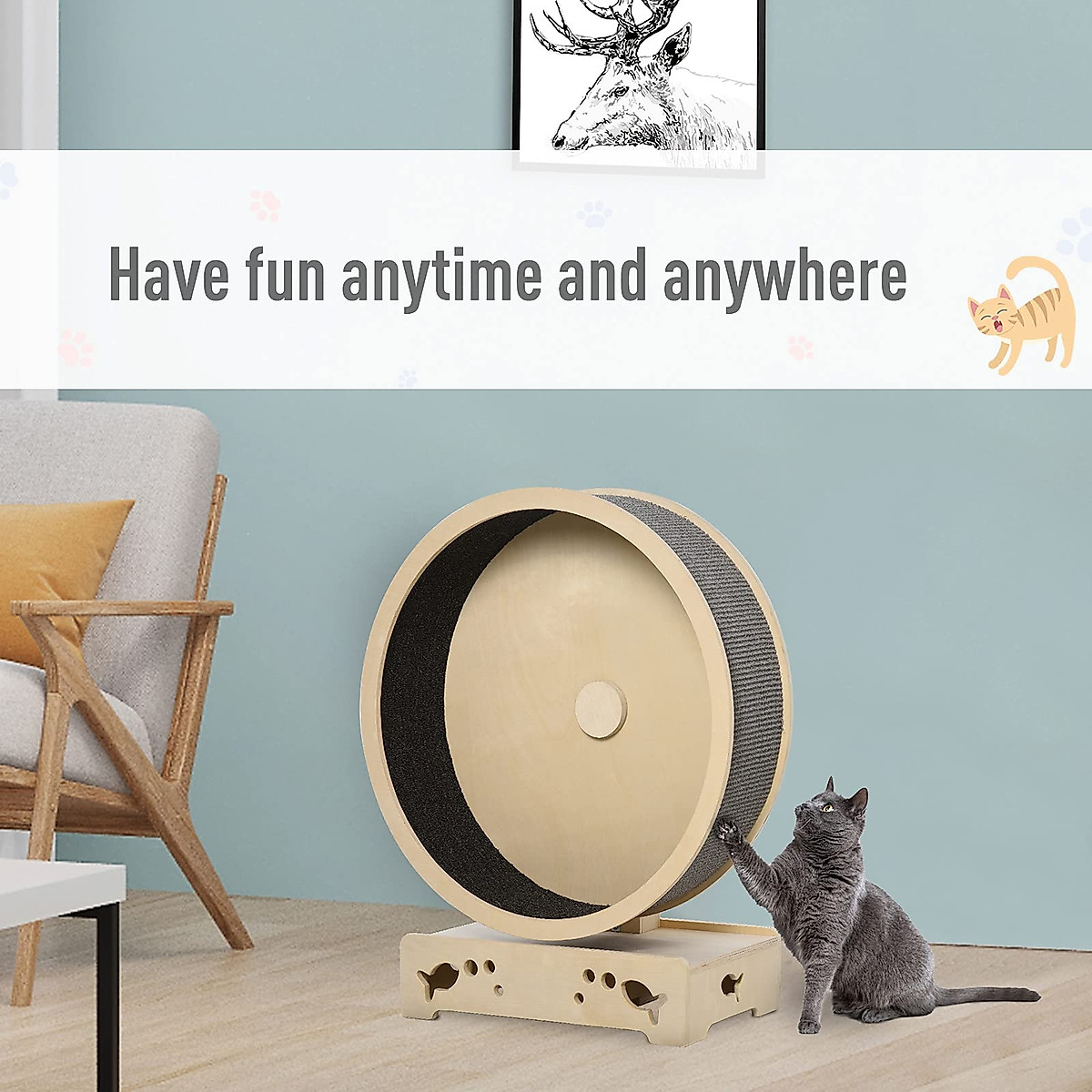 PawHut Round Hamster-Wheel Style Cat Exercise Wheel with Carpet Runway, Wooden Sisal-Covered with Unique Design Grey
