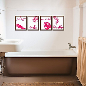 Pink Bathroom Decor - Relax, Soak, Unwind, Breathe Leaves Wall Art - Set of 4 8 x 10 Unframed Prints - Yoga Studio Art - Spa Decorative Photos - Home,Office,Classroom,Dorm Palm Tree Leaf Monstera