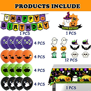 Halloween Birthday Party Decorations, Happy Birthday Banner with Pumpkins and Ghost,Colourful Halloween Cartoon Pattern Balloons,Plastic Tablecloth and Halloween Caketopper