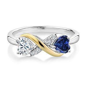 Gem Stone King 925 Sterling Silver and 10K Yellow Gold Blue Created Sapphire and White Moissanite (0.96 Cttw, Heart 5MM, Available In Size 5, 6, 7, 8, 9)