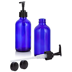 8 oz Cobalt Blue Boston Round Glass Bottles (2 Pack) with Two Closures: Black Lotion Pump and Phenolic Caps