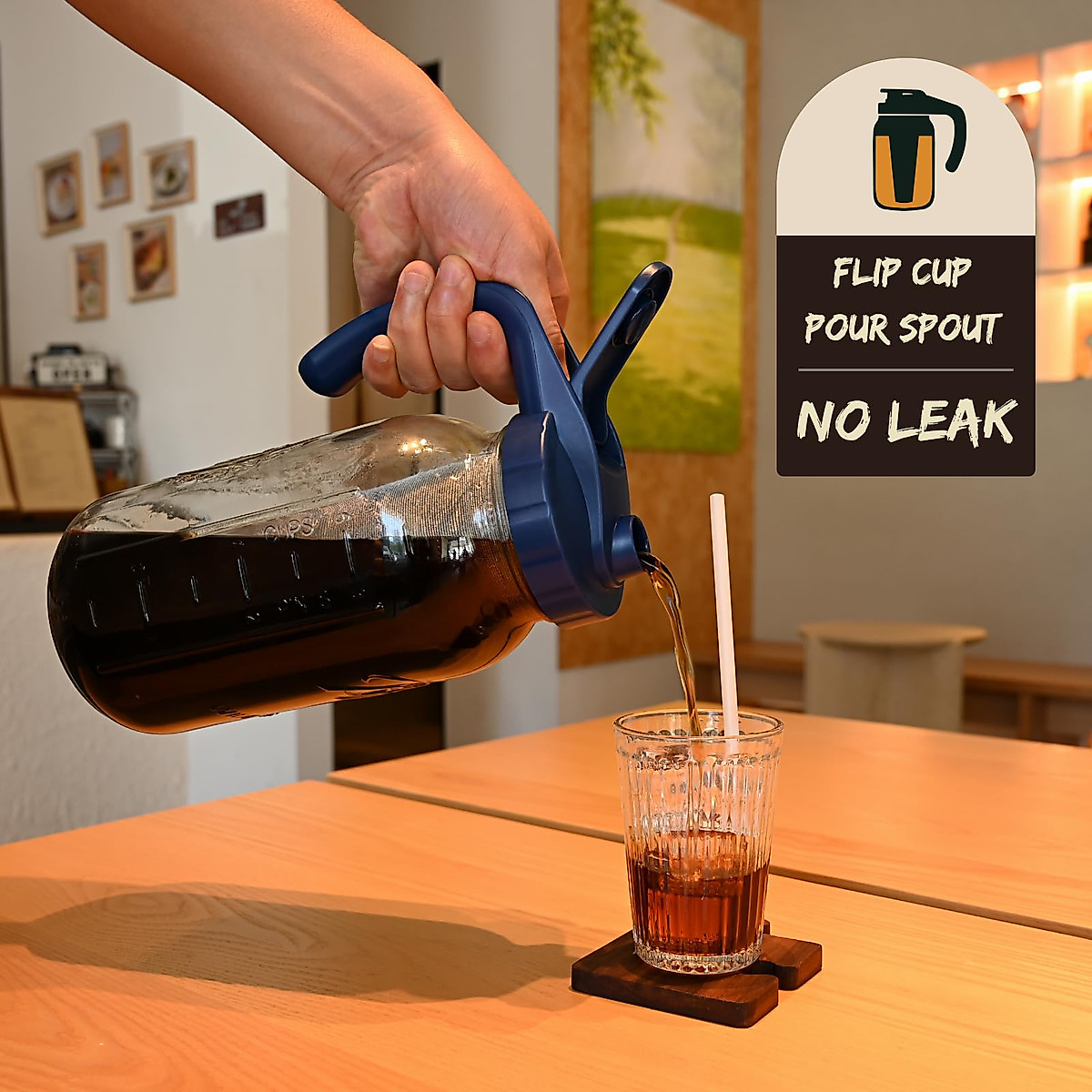 LIVEBAY Wide Mouth Mason Jar Pour Spout Lids Flip Cap Lid with Handle Reusable,Leak-proof Airtight Seal, Navy Blue, 2 Pack