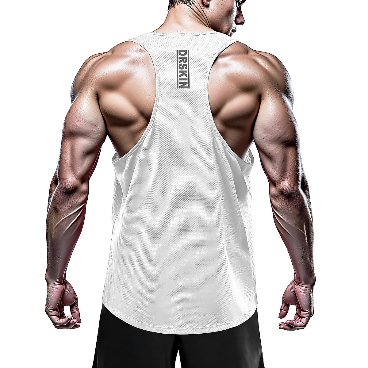 DRSKIN Men's 4 Pack Dry Fit Y-Back Muscle Tank Tops Mesh Sleeveless Gym Bodybuilding Training Athletic Workout Cool Shirts (BTF-ME-TA-(B,W,N,G), L)